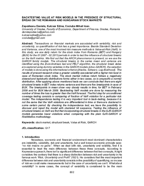 (PDF) Backtesting Value at Risk Models in the Presence of Structural ...