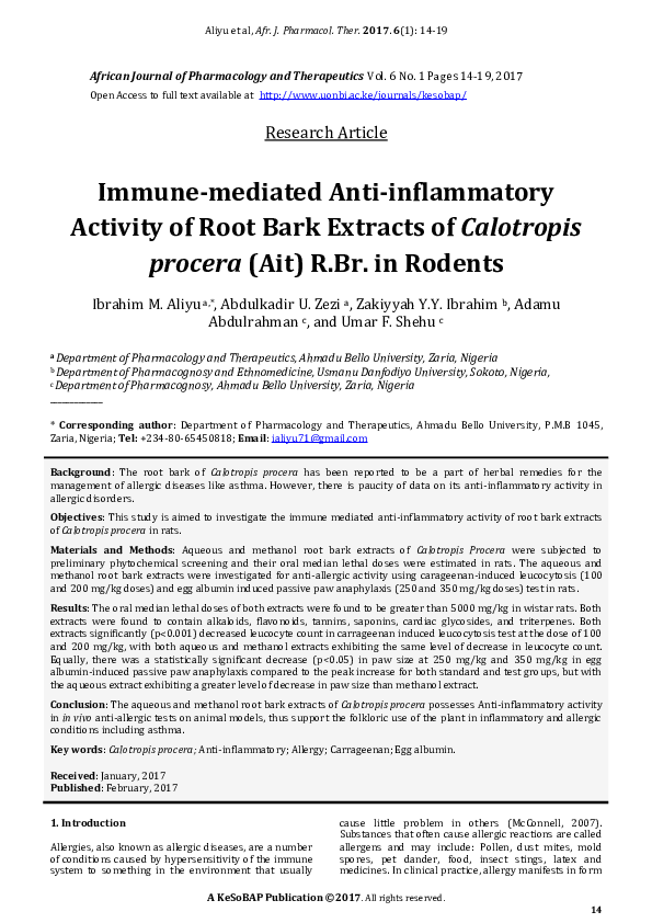 (PDF) Anti-inflammatory Effects of Calotropis procera Extracts