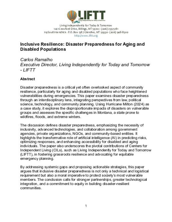 (PDF) Inclusive Resilience: Disaster Preparedness for Aging and Disabled Populations