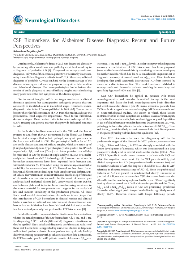 (PDF) CSF Biomarkers for Alzheimer Disease Diagnosis: Recent and Future Perspectives