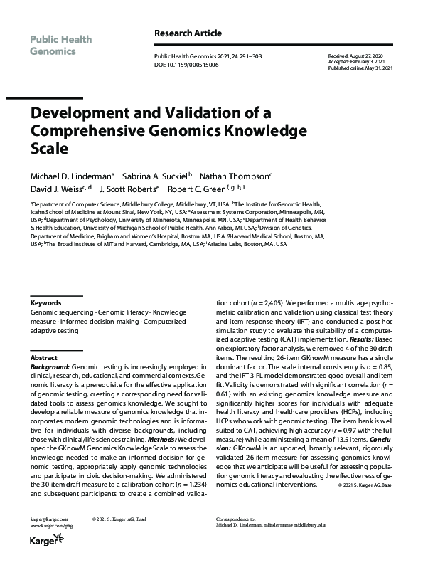 (PDF) Development and Validation of a Comprehensive Genomics Knowledge Scale