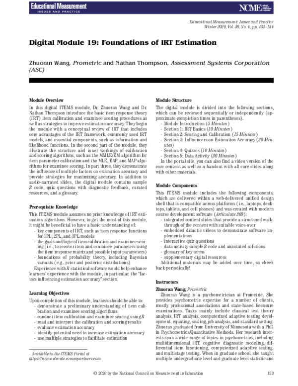 (PDF) Digital Module 19: Foundations of IRT Estimation
