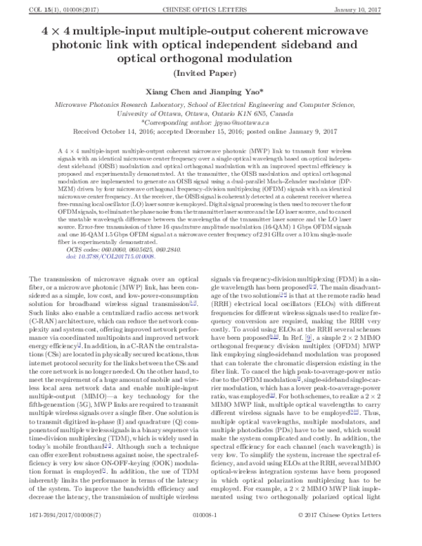 (PDF) 4?×?4 multiple-input multiple-output coherent microwave photonic link with optical ...
