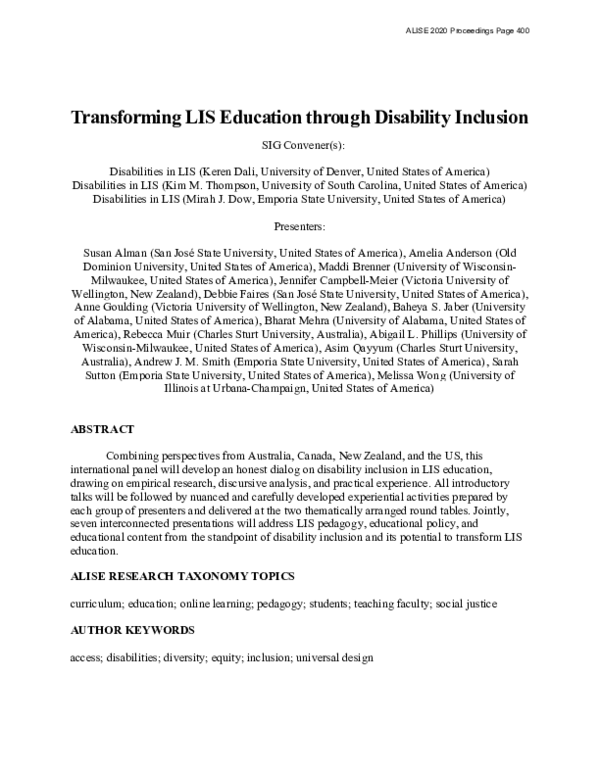 (PDF) Transforming LIS Education through Disability Inclusion