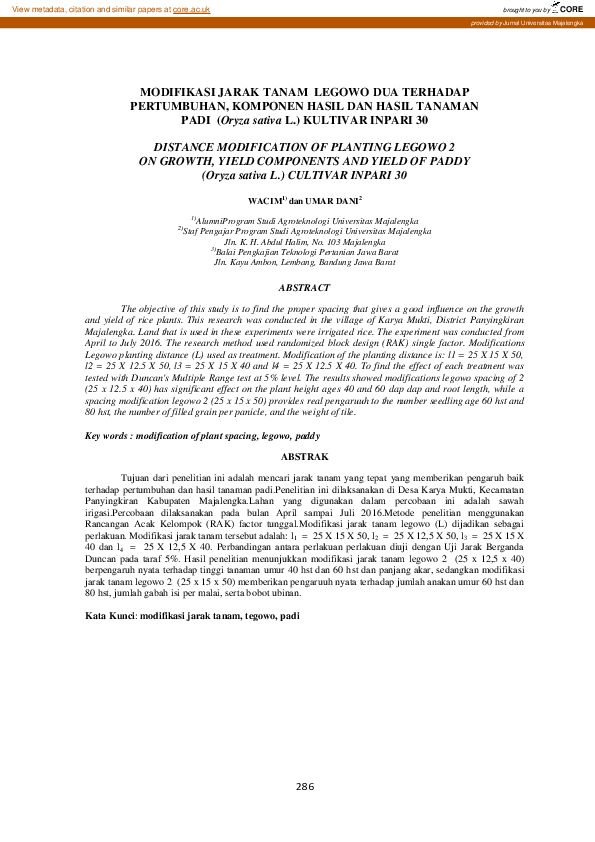 (PDF) MODIFIKASI JARAK TANAM LEGOWO DUA TERHADAP PERTUMBUHAN, KOMPONEN HASIL DAN HASIL TANAMAN ...