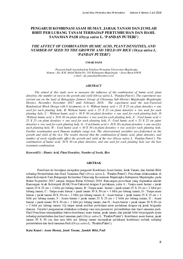 (PDF) PENGARUH KOMBINASI ASAM HUMAT, JARAK TANAM DAN JUMLAH BIBIT PER LUBANG TANAM TERHADAP ...