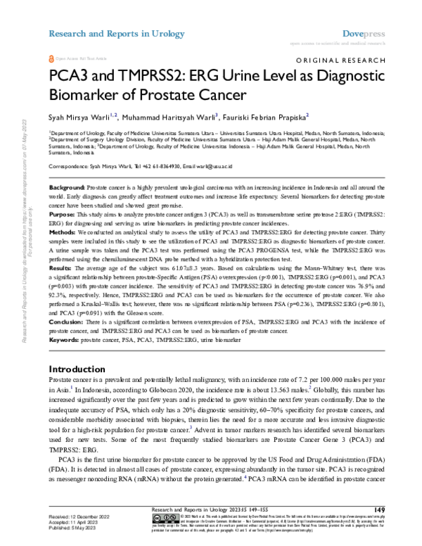 (PDF) PCA3 and TMPRSS2: ERG Urine Level as Diagnostic Biomarker of Prostate Cancer