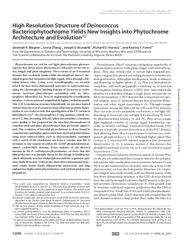 (PDF) High Resolution Structure of Deinococcus Bacteriophytochrome Yields New Insights into ...