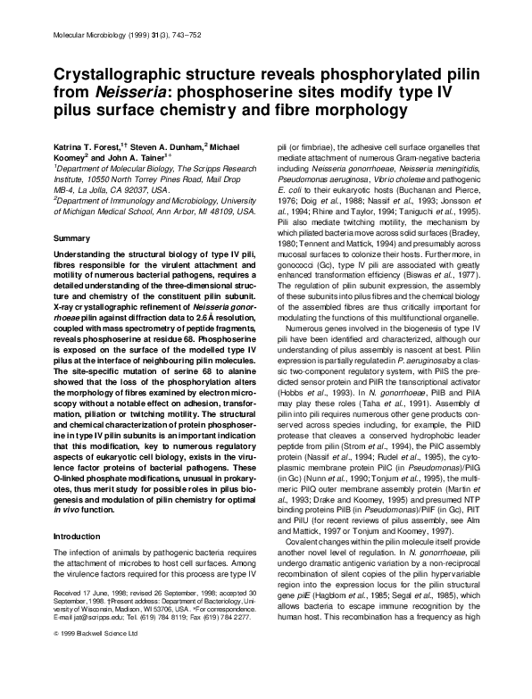 (PDF) Crystallographic structure reveals phosphorylated pilin from ...