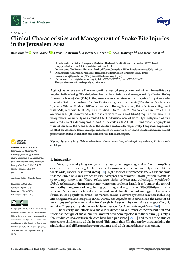 (PDF) Clinical Characteristics and Management of Snake Bite Injuries in the Jerusalem Area