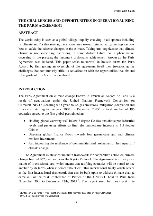 (PDF) The Challenges and Opportunities in Operationalising the Paris ...