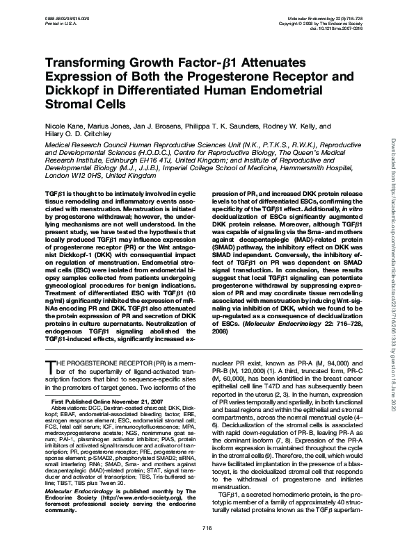 Pdf Transforming Growth Factor β1 Attenuates Expression Of Both The Progesterone Receptor And