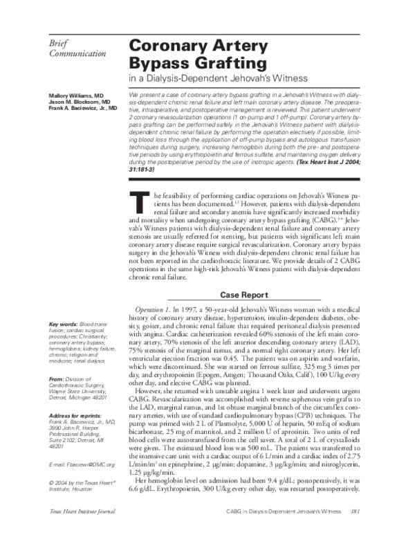 (PDF) Coronary artery bypass grafting in a dialysis-dependent Jehovah's ...