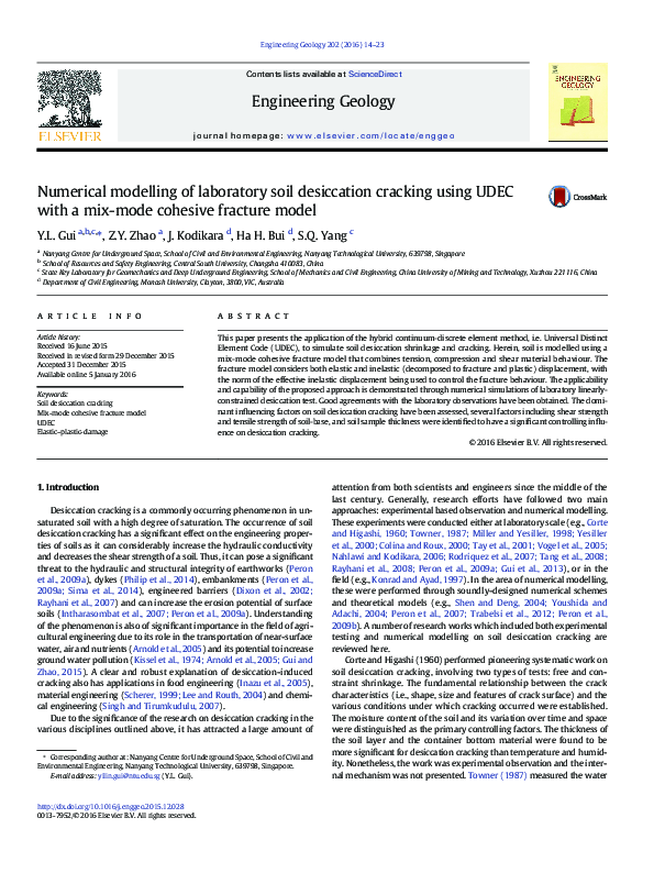 Numerical modelling of laboratory soil desiccation cracking using UDEC with a mix-mode cohesive ...