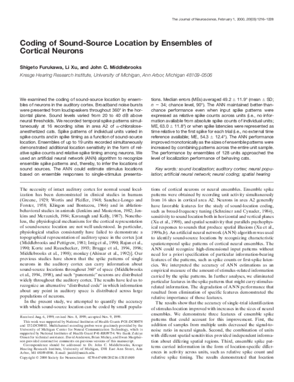 Pdf Coding Of Sound Source Location By Ensembles Of Cortical Neurons