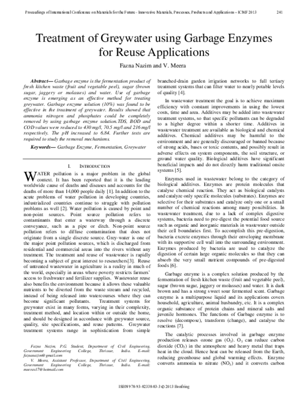 (PDF) Treatment of Greywater using Garbage Enzymes for Reuse Applications