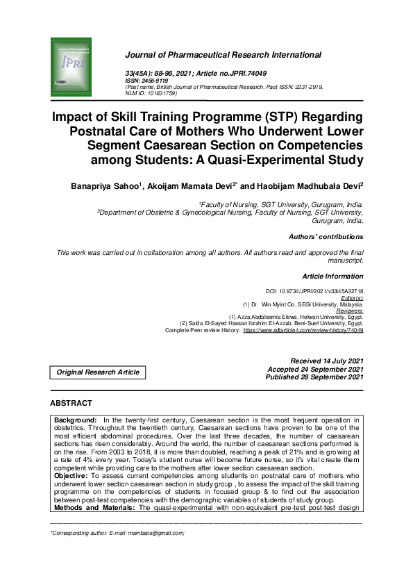 (PDF) Impact of Skill Training Programme (STP) Regarding Postnatal Care of Mothers Who Underwent ...