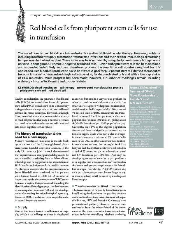 (PDF) Red blood cells from pluripotent stem cells for use in transfusion