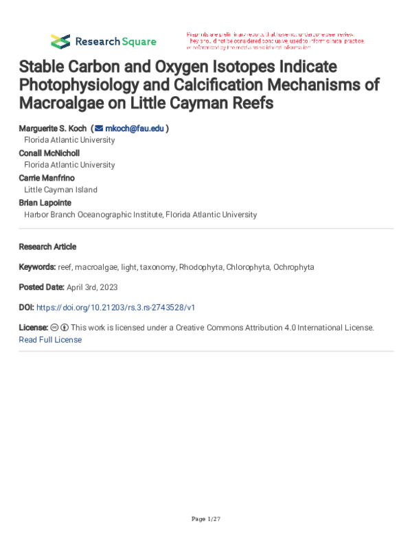 (PDF) Stable Carbon and Oxygen Isotopes Indicate Photophysiology and ...