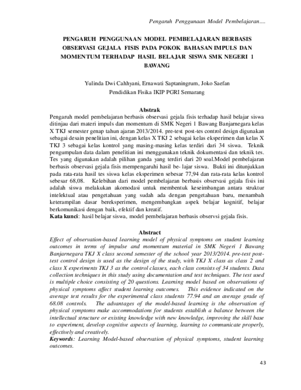 (PDF) Pengaruh Penggunaan Model Pembelajaran Berbasis Observasi Gejala Fisis Pada Pokok Bahasan ...
