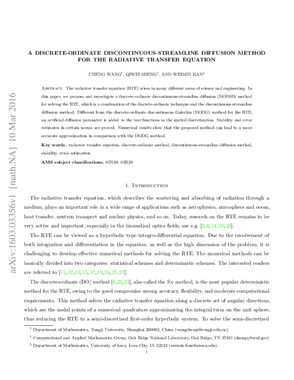(PDF) A Discrete-Ordinate Discontinuous-Streamline Diffusion Method for the Radiative Transfer ...