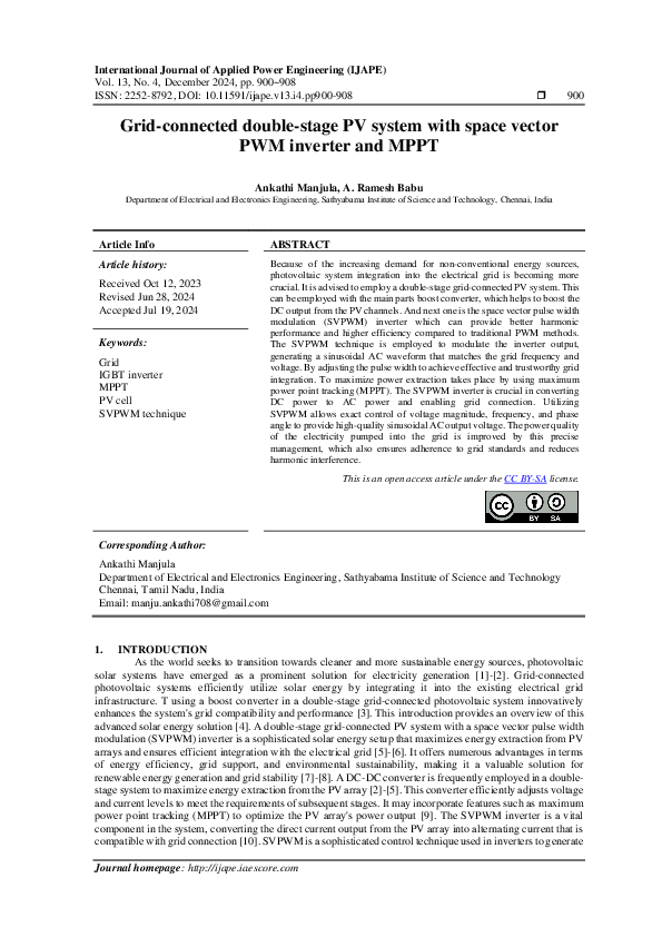Pdf Grid Connected Double Stage Pv System With Space Vector Pwm Inverter And Mppt