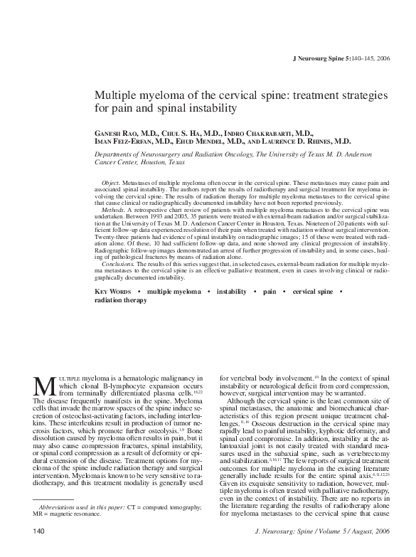 (PDF) Multiple myeloma of the cervical spine: treatment strategies for pain and spinal instability