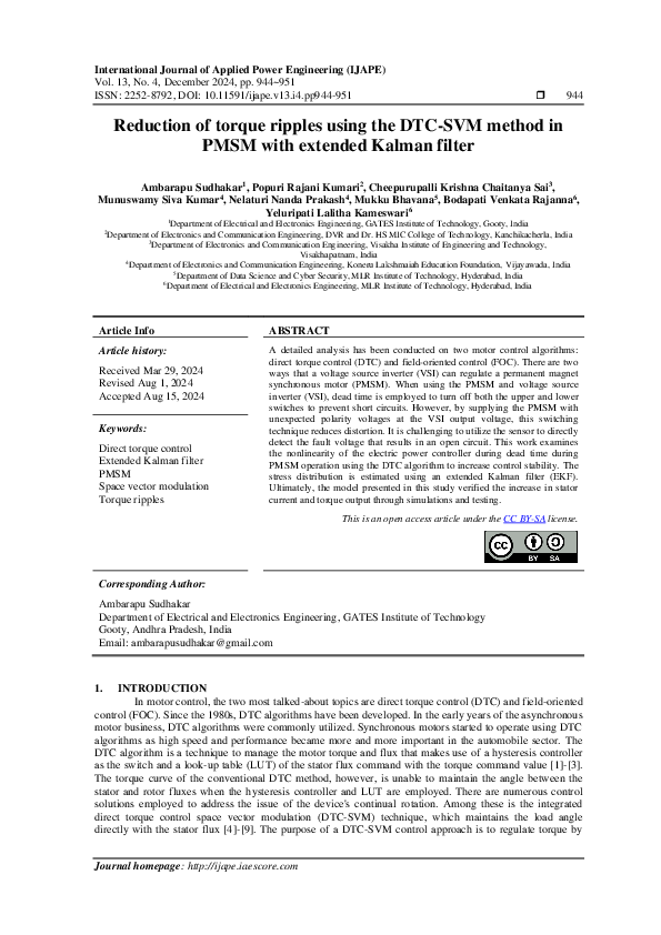 (PDF) Reduction of torque ripples using the DTC-SVM method in PMSM with extended Kalman filter
