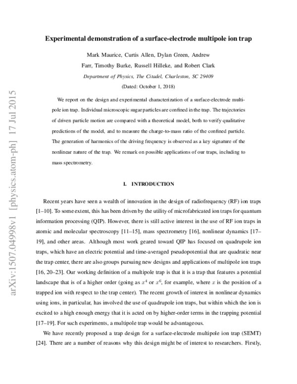 (PDF) Experimental demonstration of a surface-electrode multipole ion trap