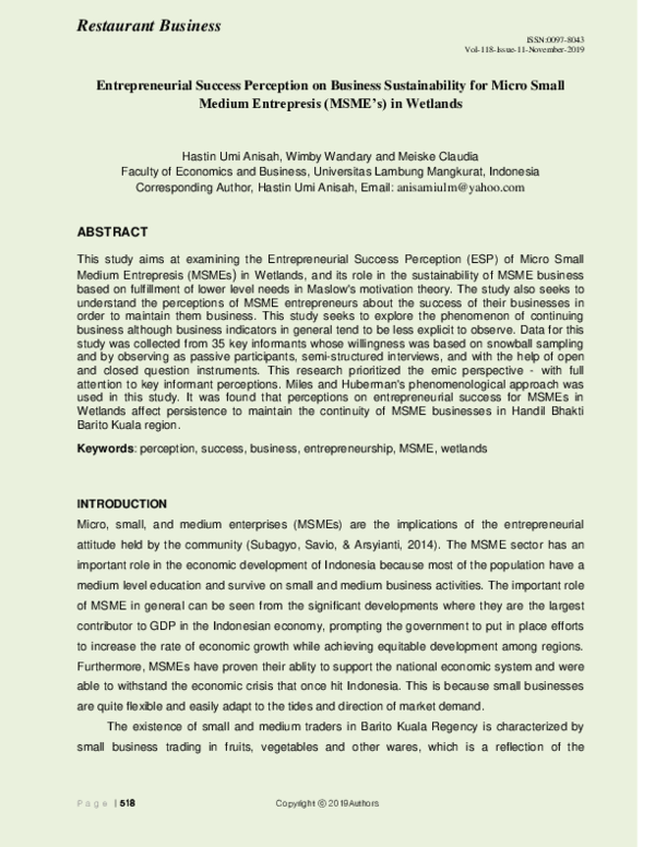(PDF) Entrepreneurial Success Perception on Business Sustainability for Micro Small Medium ...