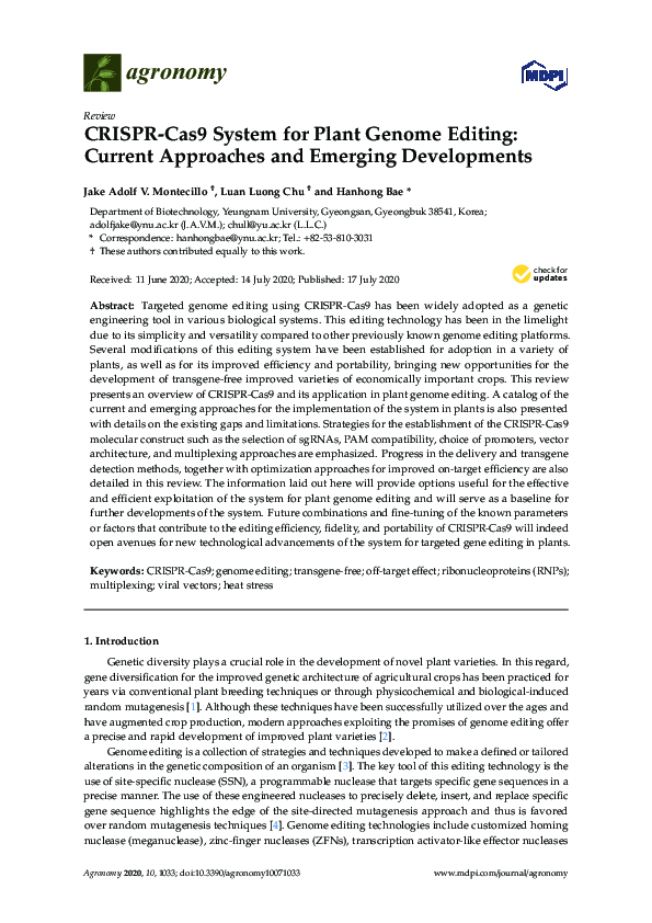 (PDF) CRISPR-Cas9 System for Plant Genome Editing: Current Approaches ...
