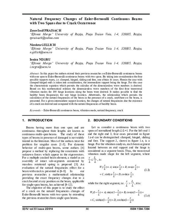(PDF) Natural Frequency Changes of Euler-Bernoulli Continuous Beams with Two Spans due to Crack ...