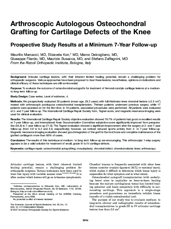 (PDF) Arthroscopic Autologous Osteochondral Grafting for Cartilage ...