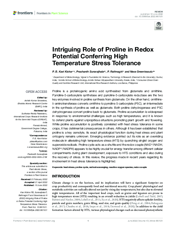 (PDF) Intriguing Role of Proline in Redox Potential Conferring High Temperature Stress Tolerance