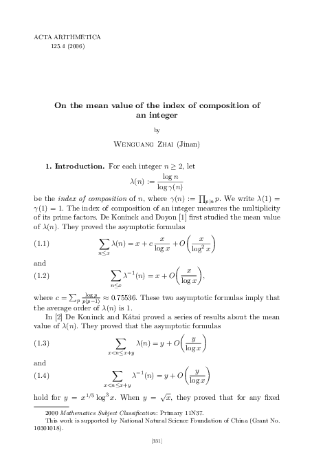 (PDF) On the mean value of the index of composition of an integer