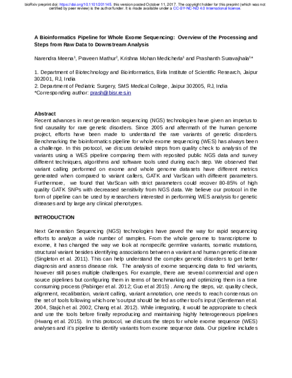 Pdf A Bioinformatics Pipeline For Whole Exome Sequencing Overview Of The Processing And Steps