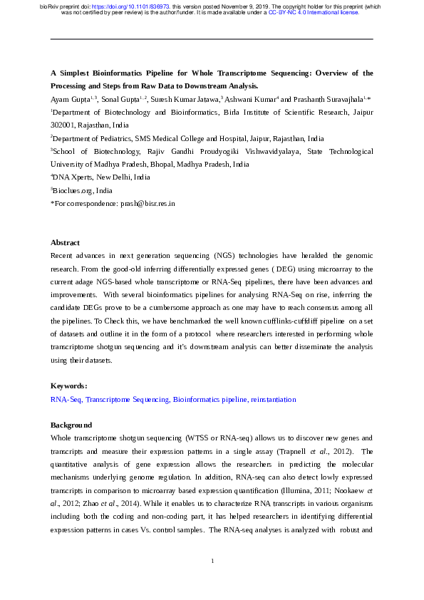 Pdf A Simplest Bioinformatics Pipeline For Whole Transcriptome