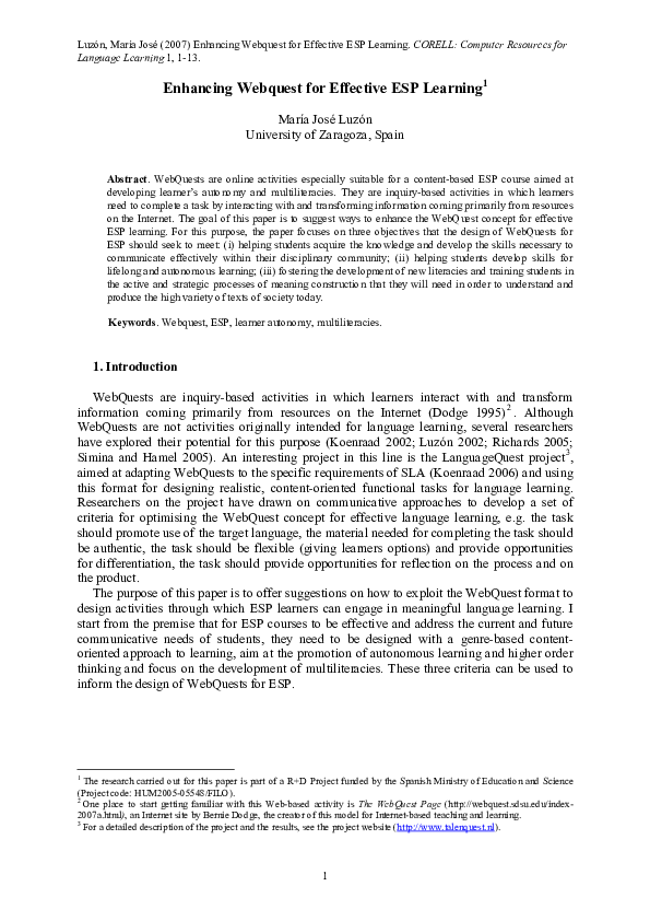 (PDF) Enhancing Webquest for Effective ESP Learning 1