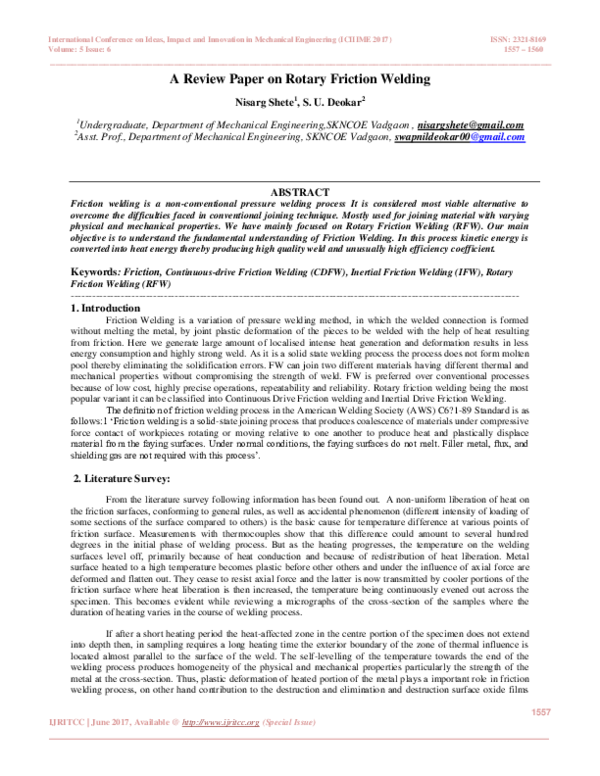 (PDF) A Review Paper on Rotary Friction Welding