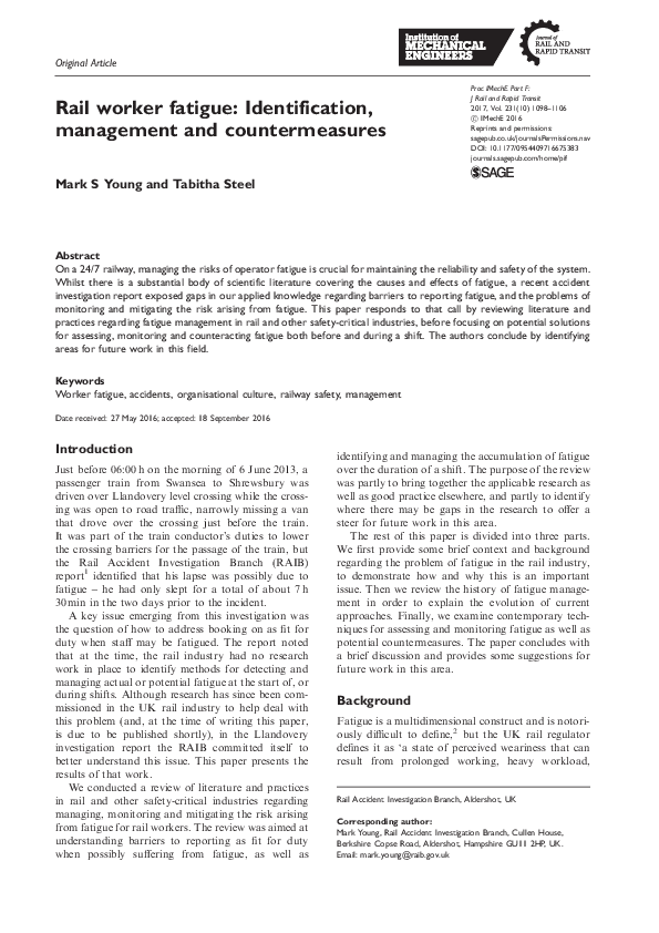 (PDF) Rail worker fatigue: Identification, management and countermeasures