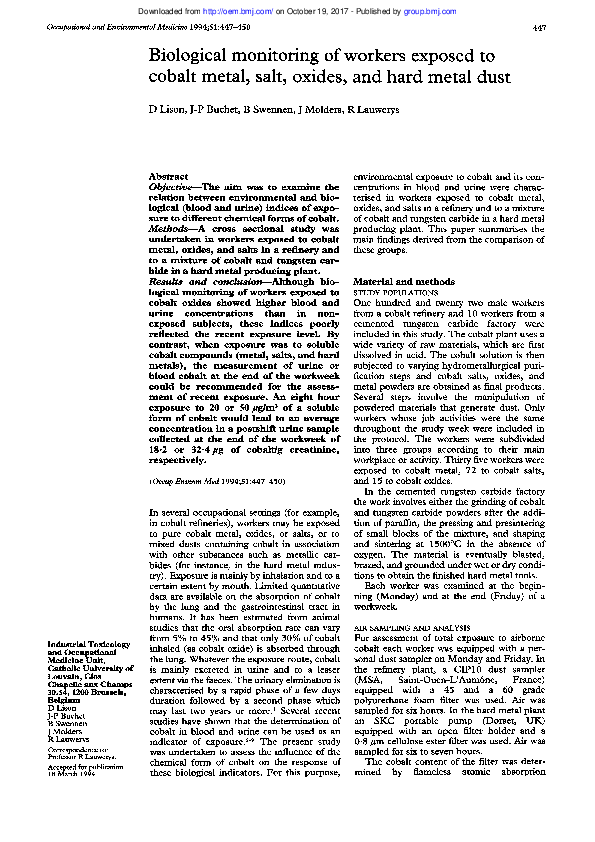 (PDF) Biological monitoring of workers exposed to cobalt metal, salt ...