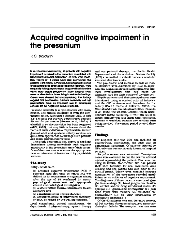 (PDF) Acquired cognitive impairment in the presenium
