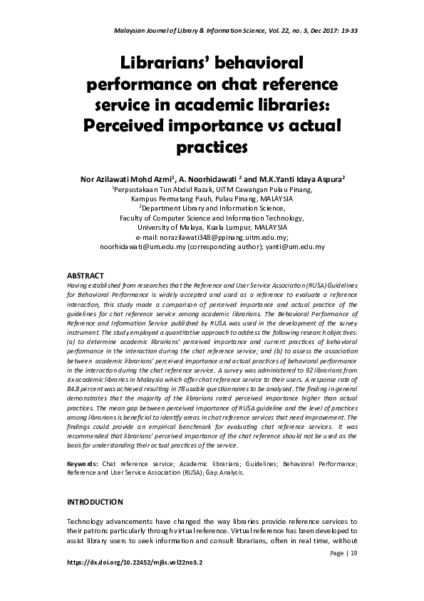 (PDF) Librarians’ behavioral performance on chat reference service in ...