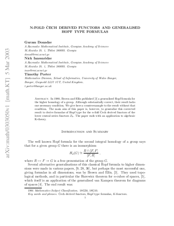 (PDF) N-Fold Čech Derived Functors and Generalised Hopf Type Formulas