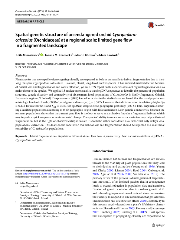 (PDF) Spatial genetic structure of an endangered orchid Cypripedium calceolus (Orchidaceae) at a ...