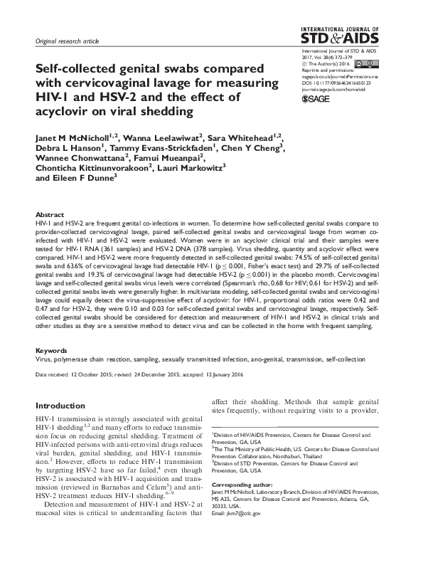 (PDF) Self-collected genital swabs compared with cervicovaginal lavage for measuring HIV-1 and ...