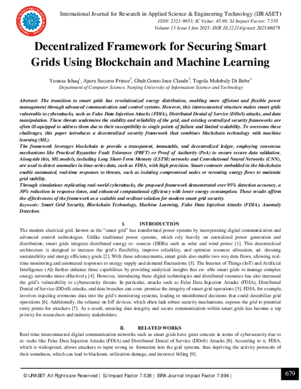 (PDF) Decentralized Framework for Securing Smart Grids Using Blockchain and Machine Learning