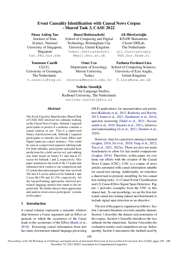 (PDF) Event Causality Identification with Causal News Corpus - Shared Task 3, CASE 2022