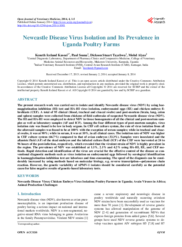 (PDF) Newcastle Disease Virus Isolation and Its Prevalence in Uganda ...