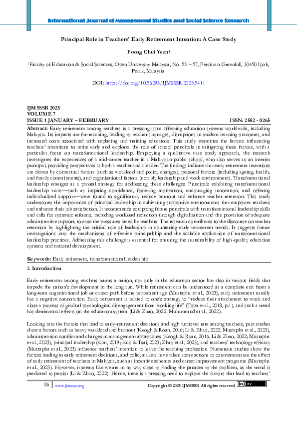 (PDF) Principal Role in Teachers’ Early Retirement Intention: A Case Study